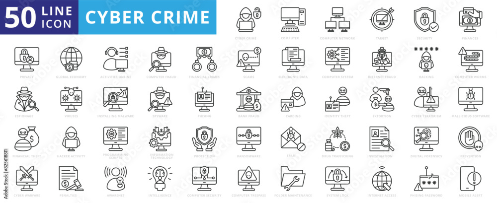 Cybercrime icon set with computer, network, target, security, finances ...
