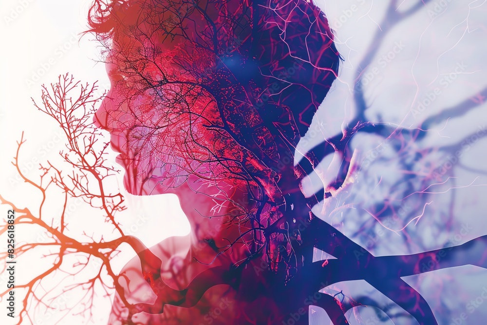 Artistic double exposure image with a silhouette of a person's profile ...