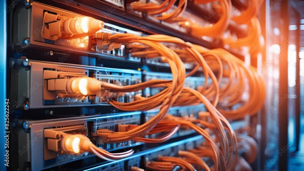 High-speed data cables connected to a server in a dimly lit server room ...