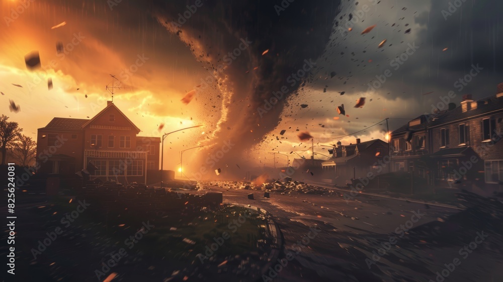 Massive tornado destroys a suburban neighborhood under a dramatic sky ...