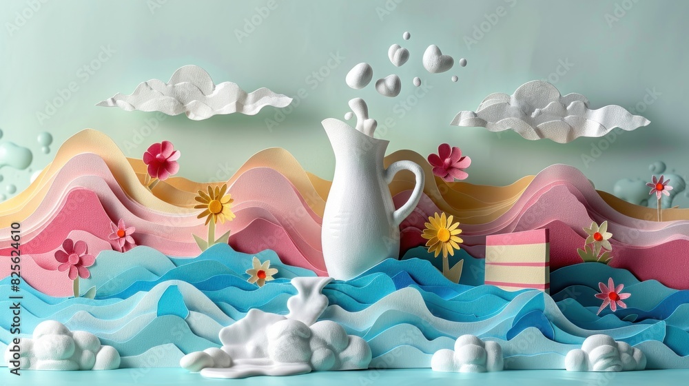 Detailed paper cut of milk flowing from a jug creating various cultural ...