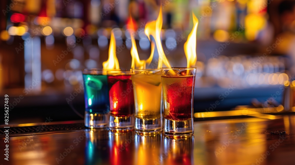 Cocktails Burning Shots and Shooters on bar counter in a restaurant ...