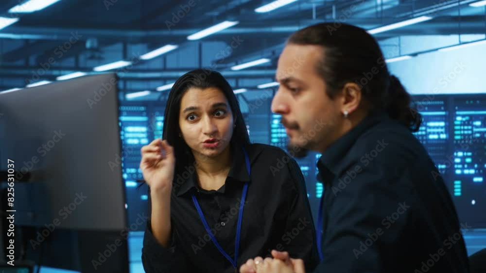 Programmers Talking In High Tech Server Hub Using Pcs To Analyze Data