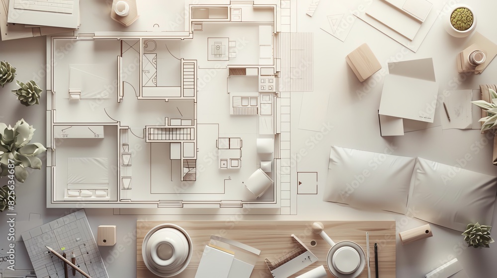 Cartoon architect sketch flat design top view project planning theme 3D ...