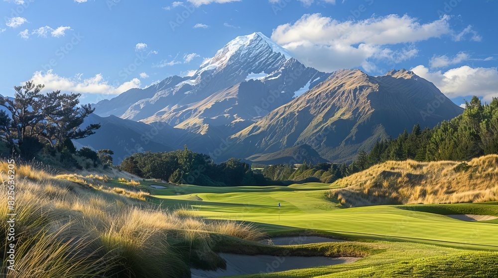 Golf course with a stunning mountain backdrop, clear blue sky ...