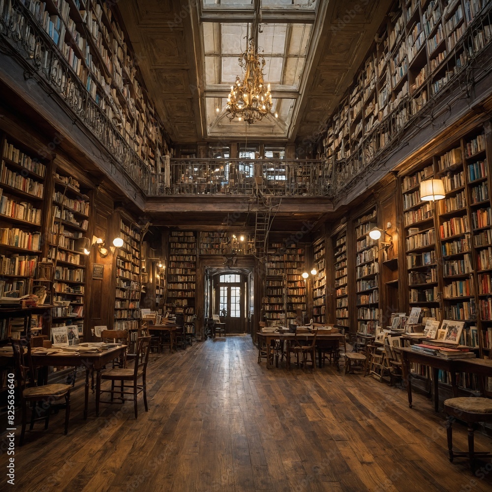 Imagine a charming bookstore in a historic building with creaky wooden ...