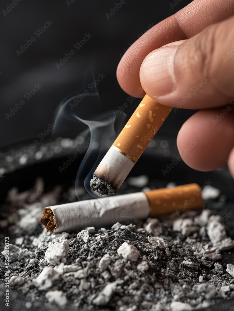 Cigarettes in ashtray, closeup view of a hand holding a cigarette butt ...