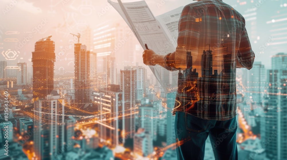 Professional civil engineer holding project plan with double exposure ...