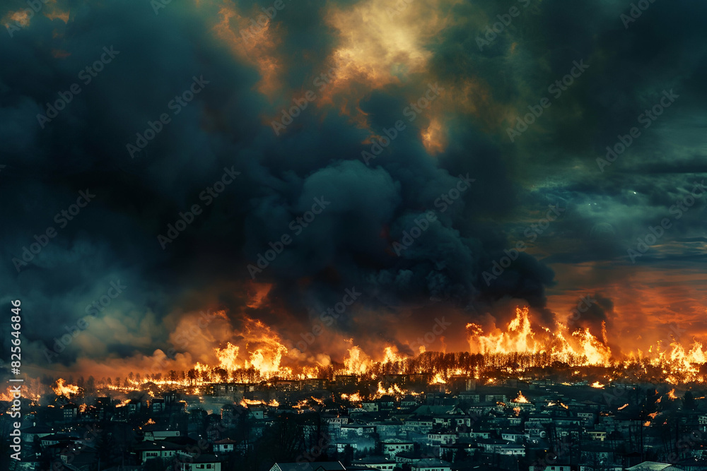 Forest fire spreading towards a town under dark smoke clouds ...