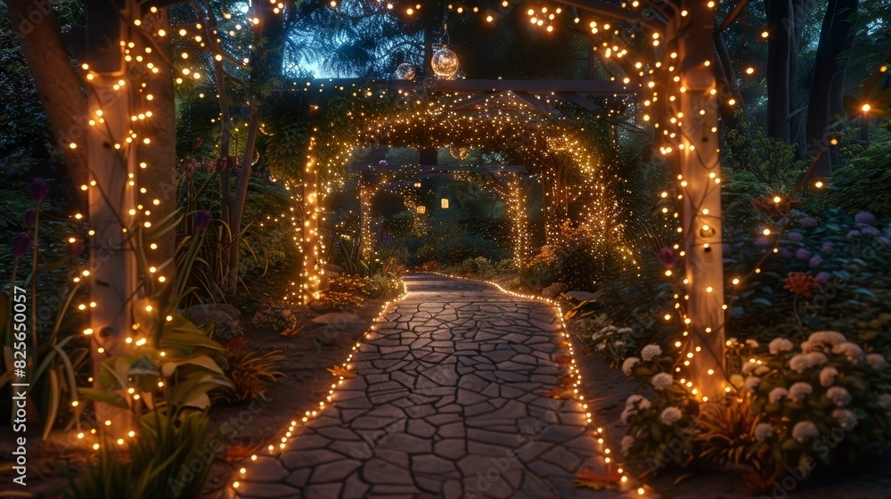 Dreamy and whimsical fairy lights illuminate the pathways at night ...