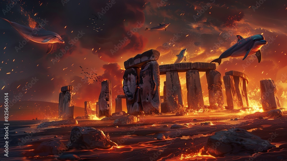 Craft a mesmerizing scene of lava flowing around futuristic robotics ...