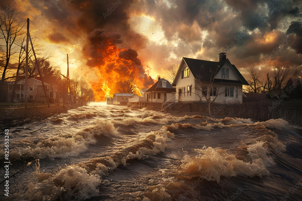 Floodwaters surging through a residential area during a firestorm ...