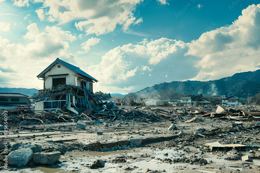 Foto de Residential street in ruins after an earthquake, illustrating ...