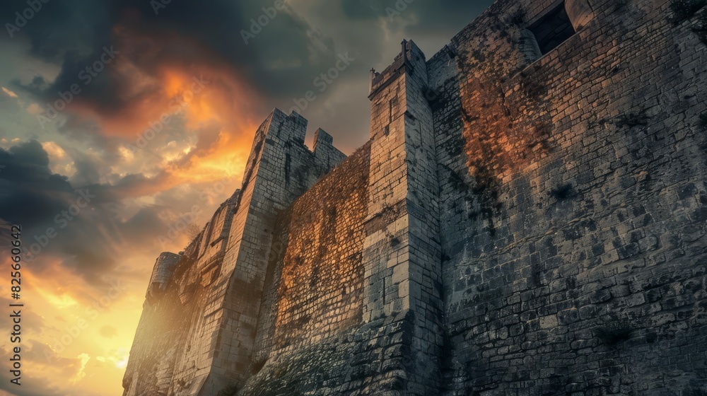 Historical landmark of an ancient castle, towering stone walls ...