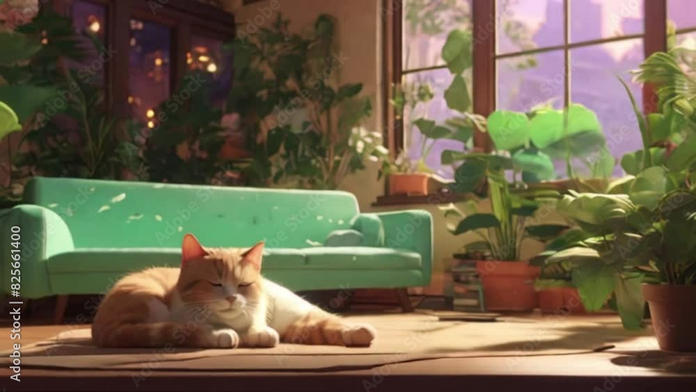 stream overlay loop, cozy lo-fi living room with greenery and cat ...