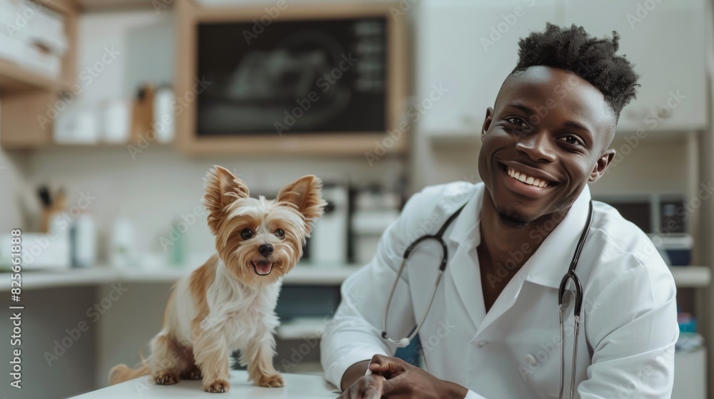 Doctor smiling beside a small dog on the examination table in a clinic ...