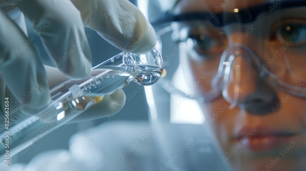 A scientist in a cleanroom suit observes a small droplet of crude oil ...