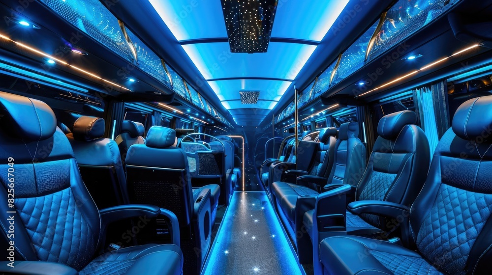 Modern interior of a luxury blue bus with leather seats and LED ...