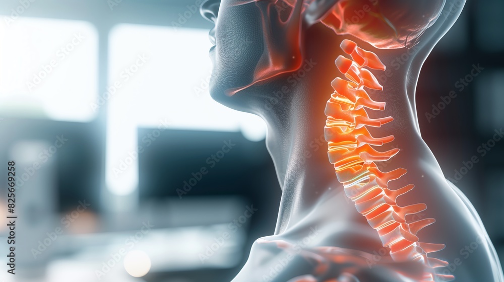 3D illustration of human neck vertebrae highlighting anatomy and spinal ...