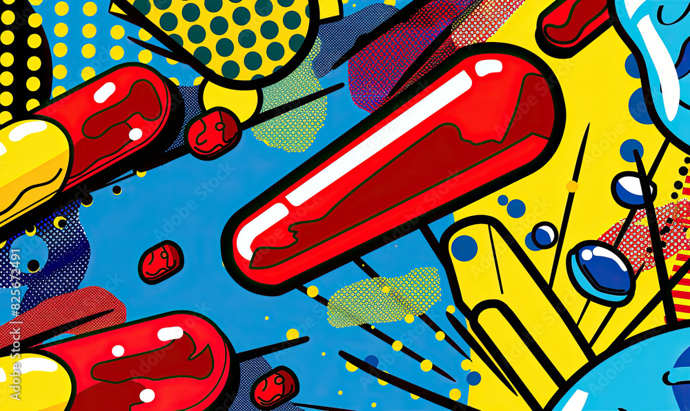 Pop art illustration of bacteria in bold primary colors with thick ...