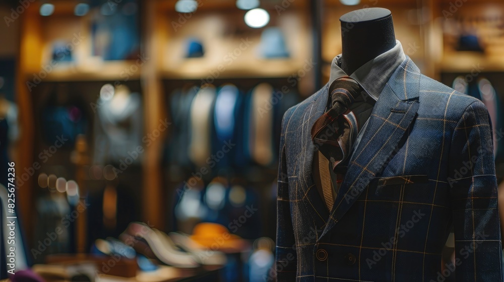 Photo of a mannequin in a stylish suit on display, with a blurred ...