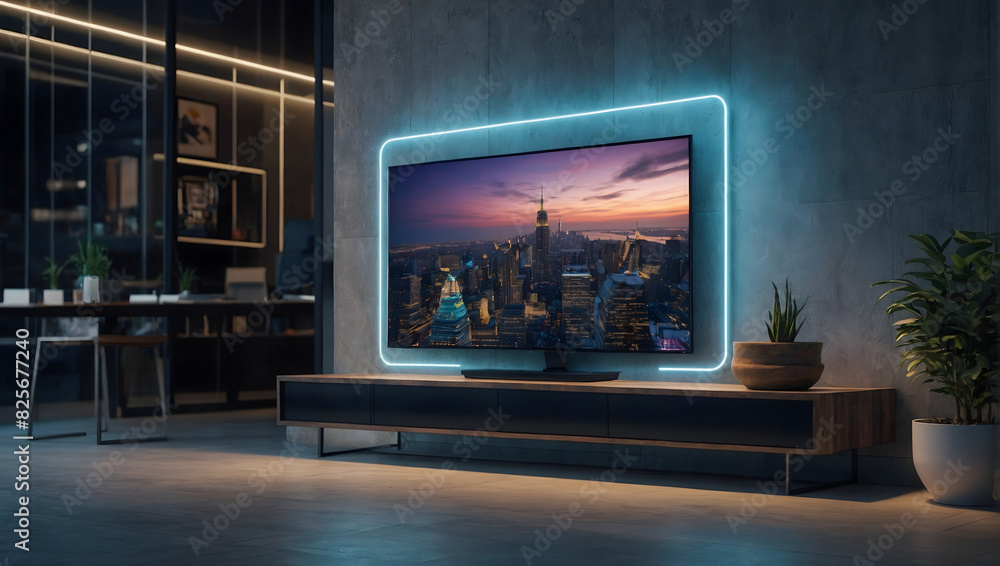Smart tv in modern interior office design with neon lights, 3d render ...