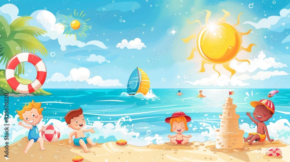 Colorful summer cartoon vector illustration featuring a beach scene with children building ...