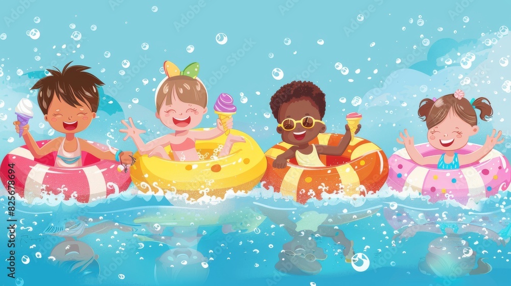 Cartoon vector of a swimming pool party with children splashing in the ...