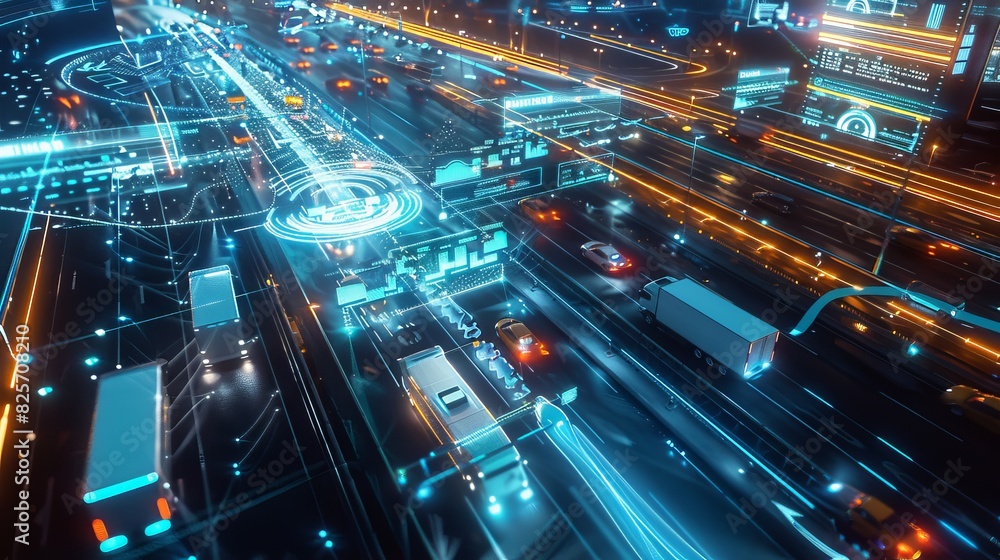 High-tech city highway with trucks and cars moving on the road ...