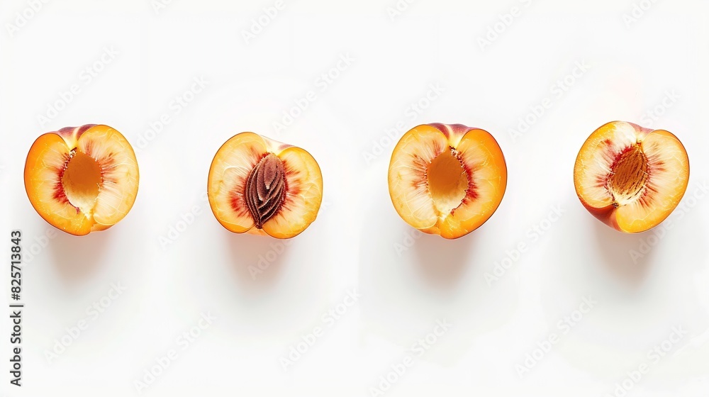 Whole fresh peach fruit half and pieces in a row top view isolated on ...