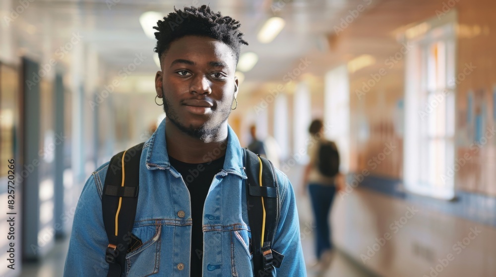Confident African American Male Student Standing in School Hallway with ...
