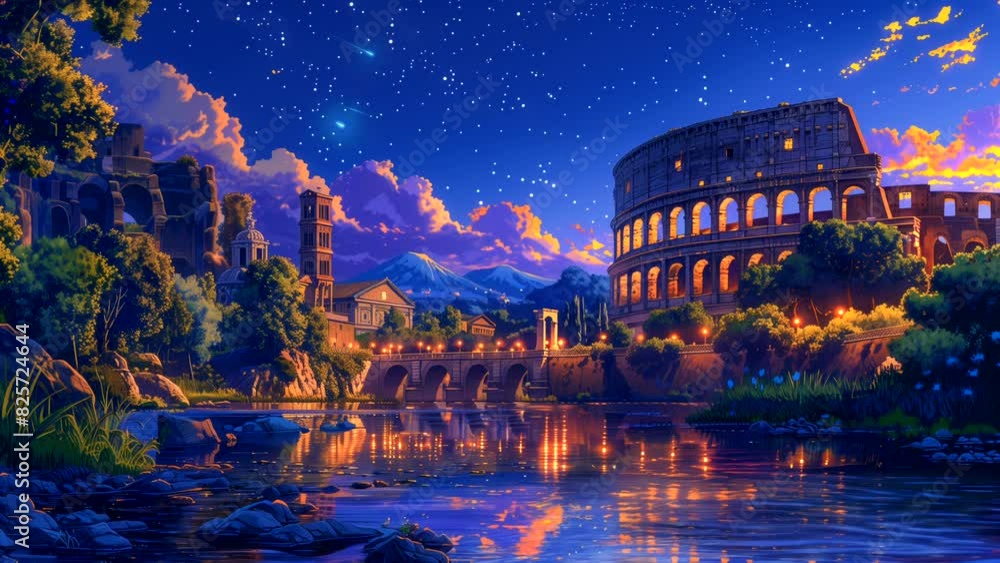 Vidéo Stock Colosseum at night with starry sky in summer, ancient ...