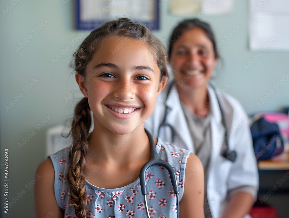 Doctor seated behind, young girl smiling at the camera in the ...