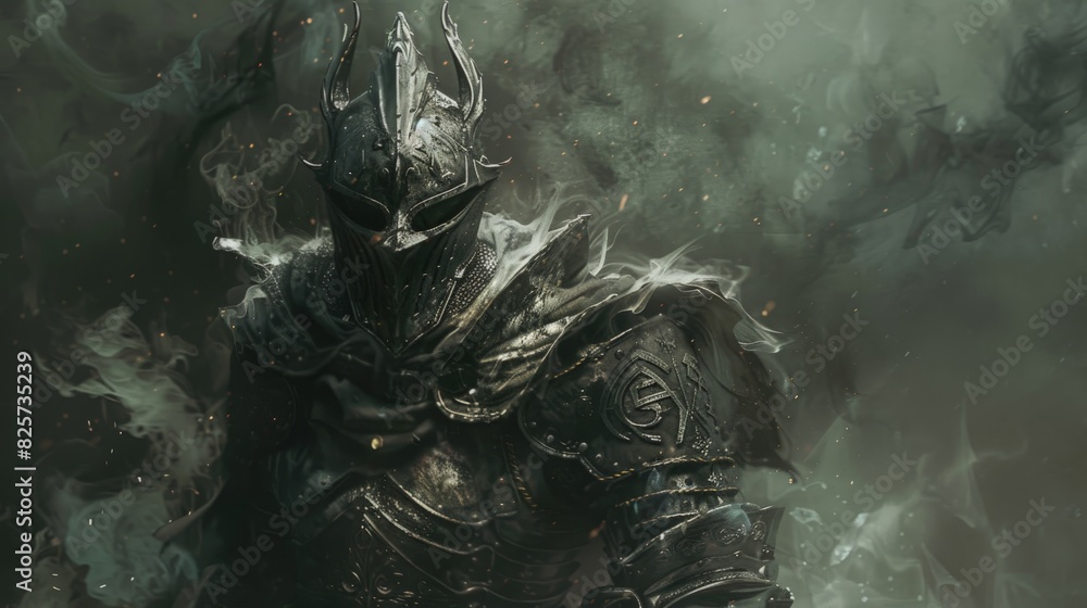 A haunting portrait of a cursed knight, his armor adorned with sigils ...