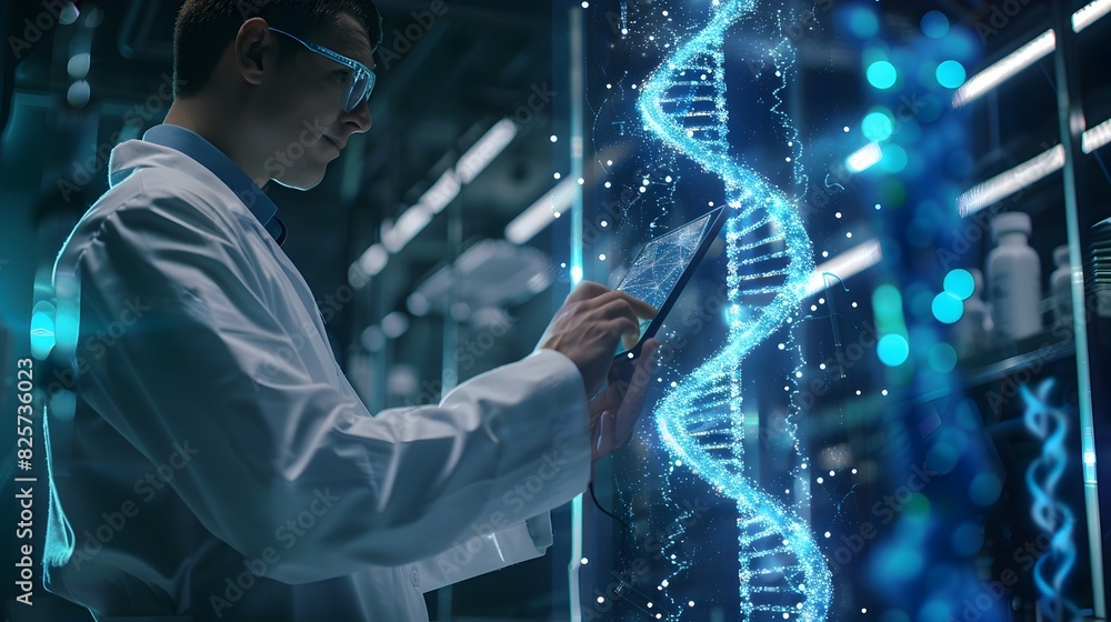 Scientist Examining Futuristic DNA Molecular Structure on Digital ...