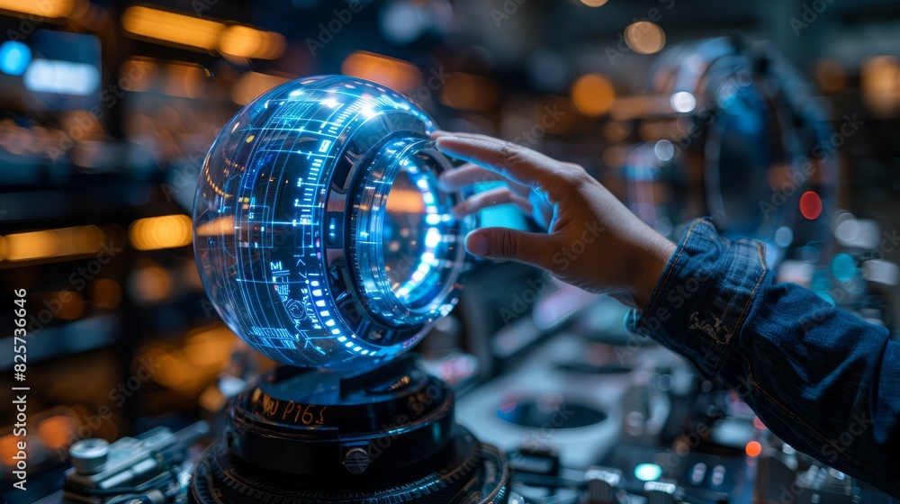 An augmented reality headset user interacting with virtual objects ...