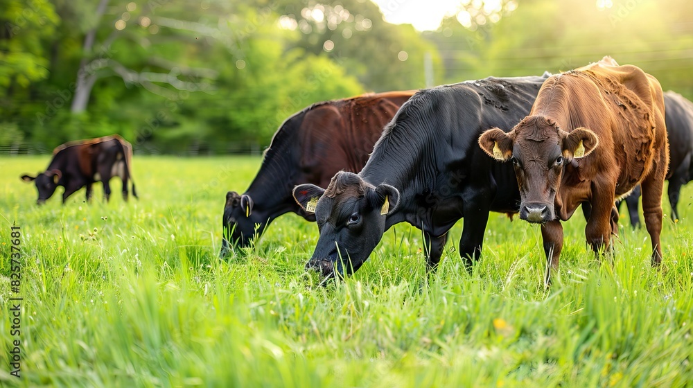Cattle cows calves in the field outdoor outdoors grazing eating grass ...