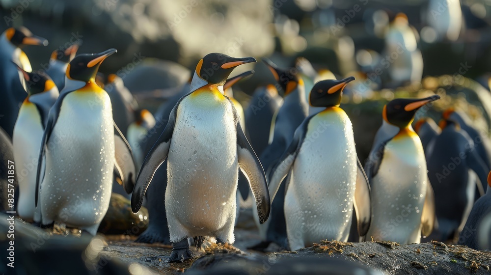 Group of penguins standing and interacting on rocky terrain. The ...