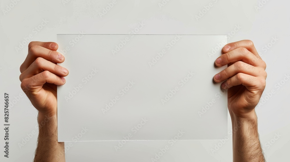 Selective focus on hands gripping paper sheet, isolated white ...
