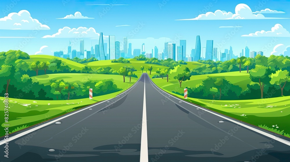 Cartoon highway. Empty road with city skyline on horizon and nature ...