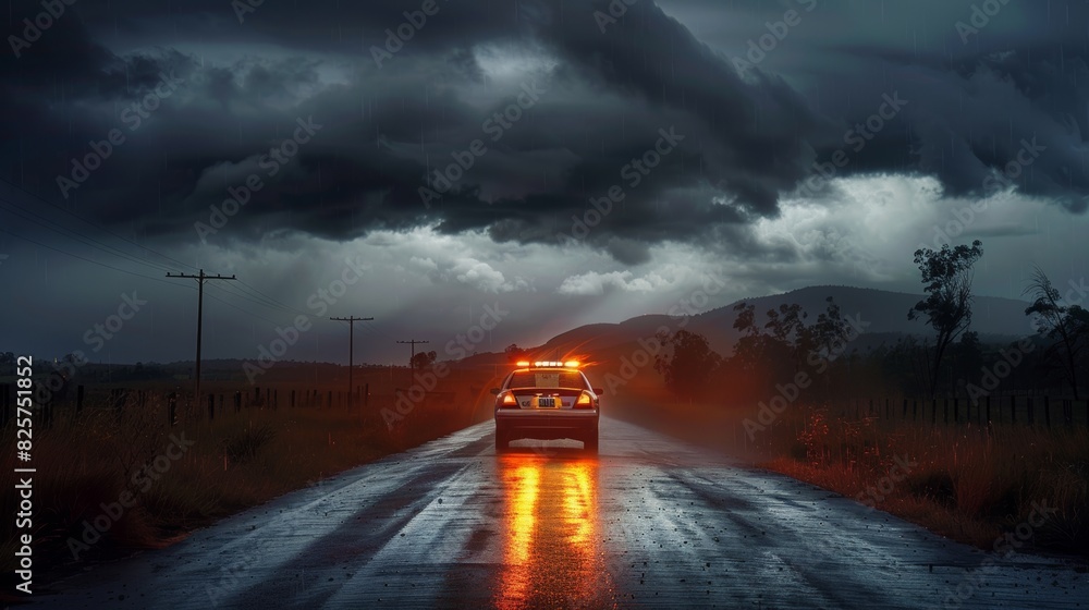 Police car with flashing lights on a deserted country road, heavy ...
