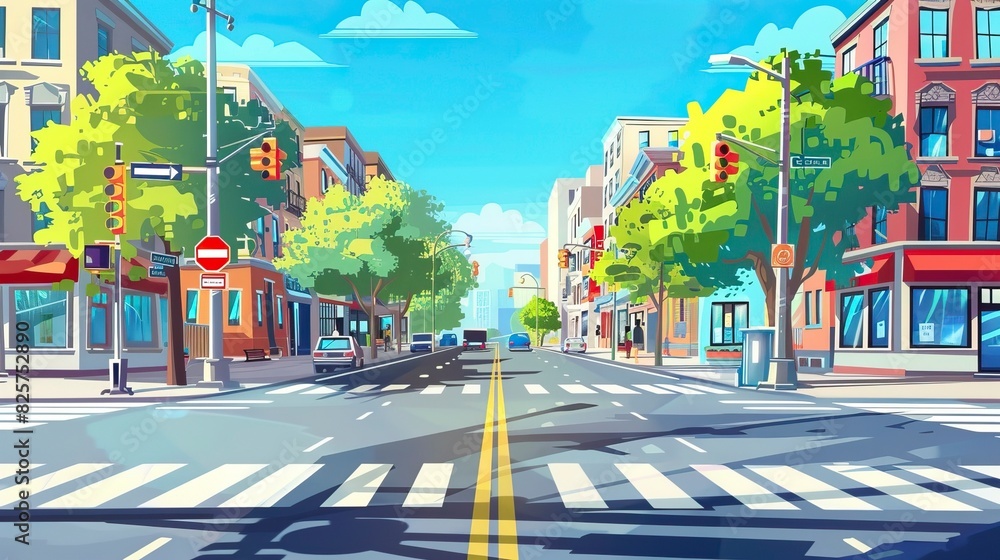 Cartoon crosswalk. City streets intersections with no automobile ...