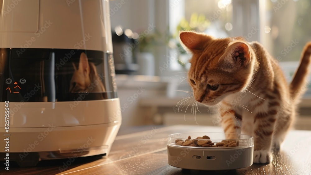 cat approaching an automatic pet feeder, demonstrating its daily ...