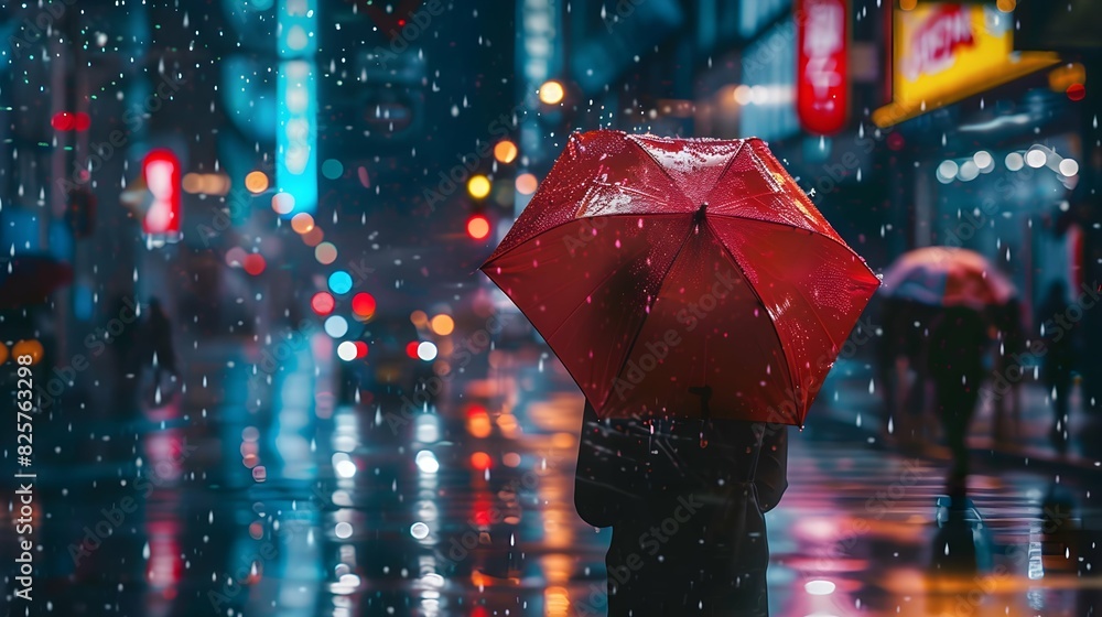 Person with a red umbrella walks down a rainy city street at night ...