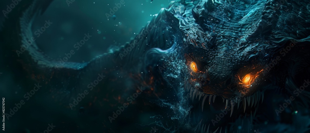 A terrifying sea monster with glowing eyes lurks in the dark ocean ...