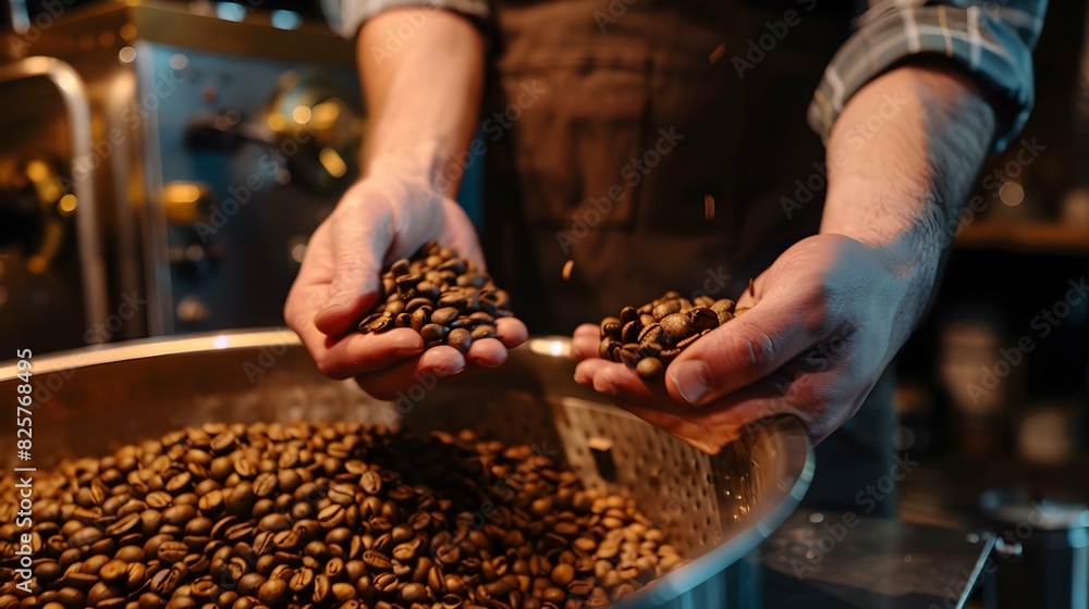 Man's hands holding freshly roasted aromatic coffee beans over a modern ...