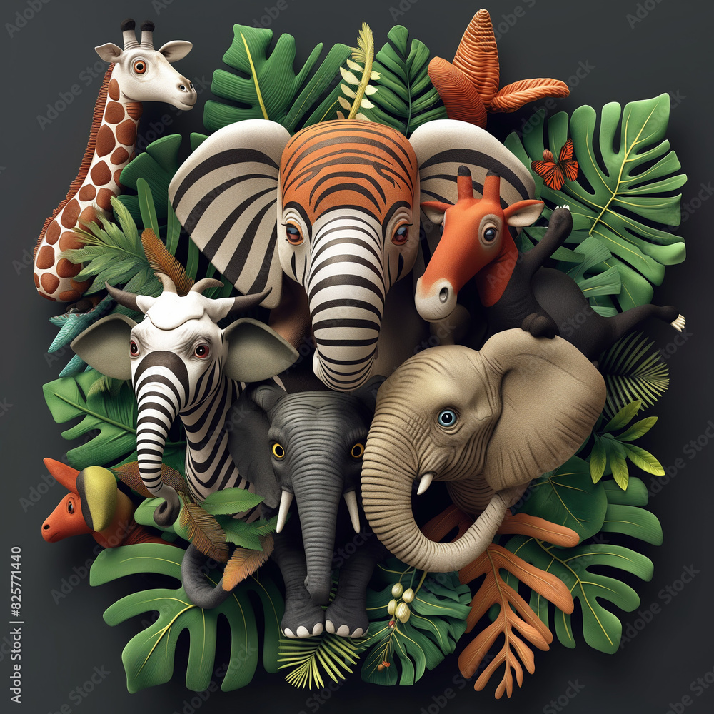 Many types of animals in 3D Wallpaper colorful Stock Illustration ...
