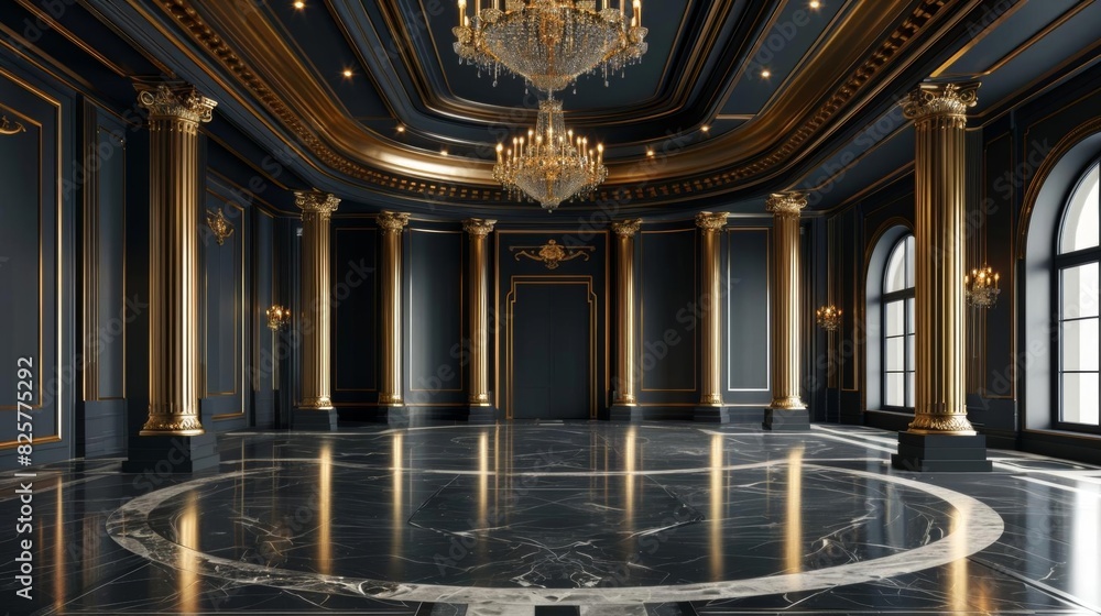 An opulent ballroom with dark marble floors and gold accents. The walls ...