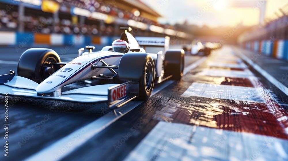 Race car close up at starting line, poised and ready for intense ...