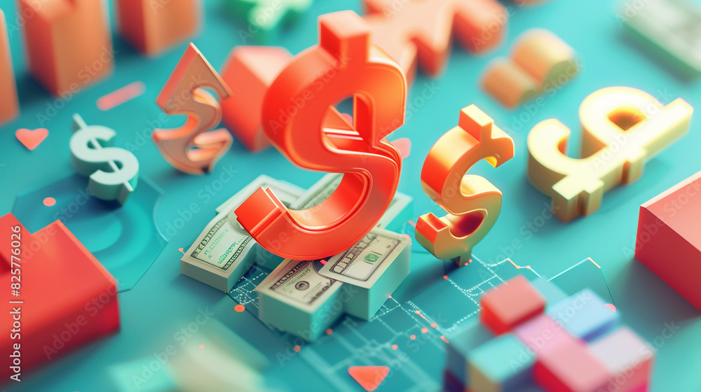 Colorful financial concept with dollar signs, currency symbols, and ...